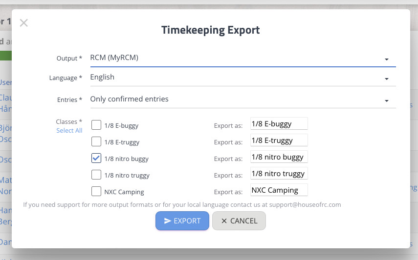 How to export entries to TimeKeeping system - House of RC